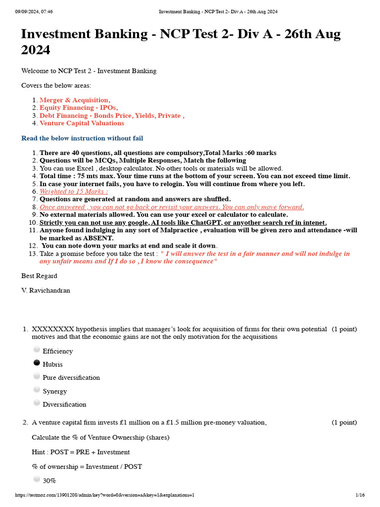 Investment Banking - NCP Test 2 - Div A - 26th Aug 2024 | PDF | Bonds ...