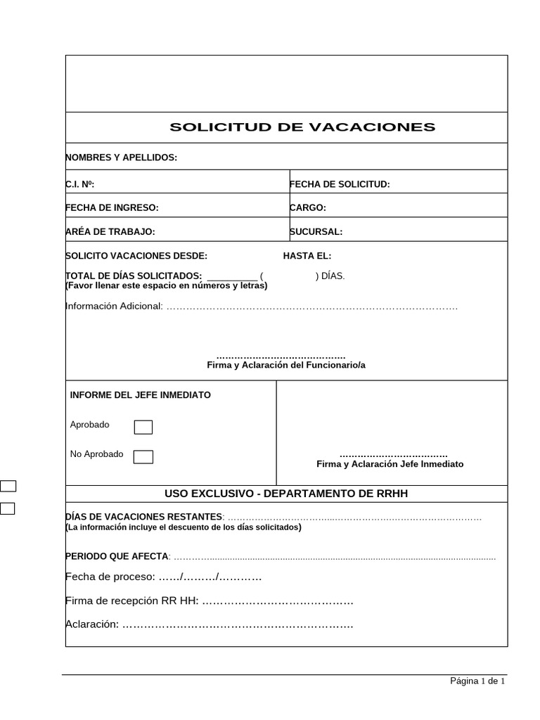 Solicitud de Vacaciones Laborales | PDF