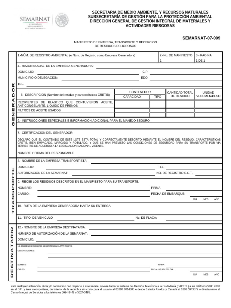 Semarnat 07 009 Formato Manifiesto de Entrega Transporte y Recepción de Residuos Peligrosos ...