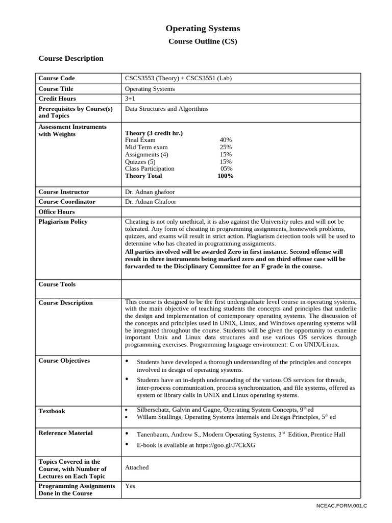 S24 OS Course Outline Theory Final | PDF | Thread (Computing) | Scheduling (Computing)