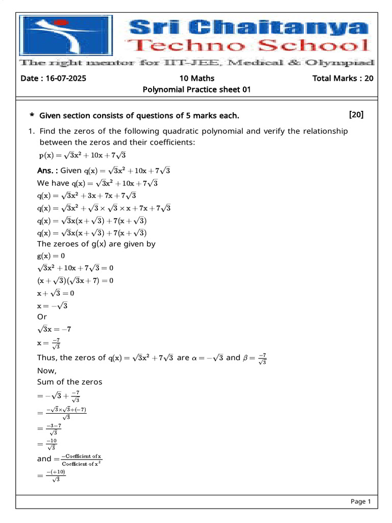 Polynomial Practice Sheet 01 - Solution | PDF | Zero Of A Function ...
