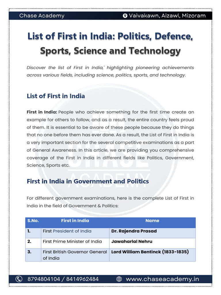 List of First in India | PDF | Jawaharlal Nehru | Indian National Congress