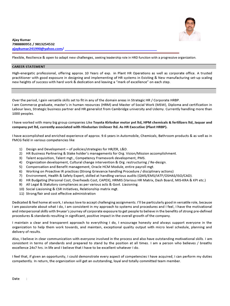 Ajay Kumar - Resume Plant HR - 09-09-2024 | PDF | Human Resource ...