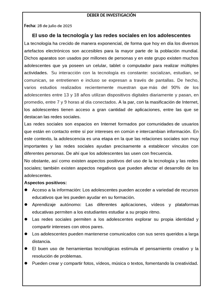 El_uso_de_la_tecnología_y_las_redes_sociales[1] | PDF | Adolescencia ...