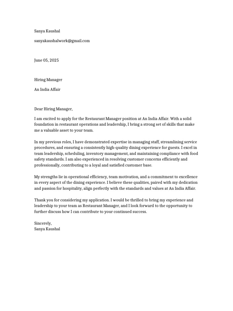 Sanya Kaushal Cover Letter Revised | PDF