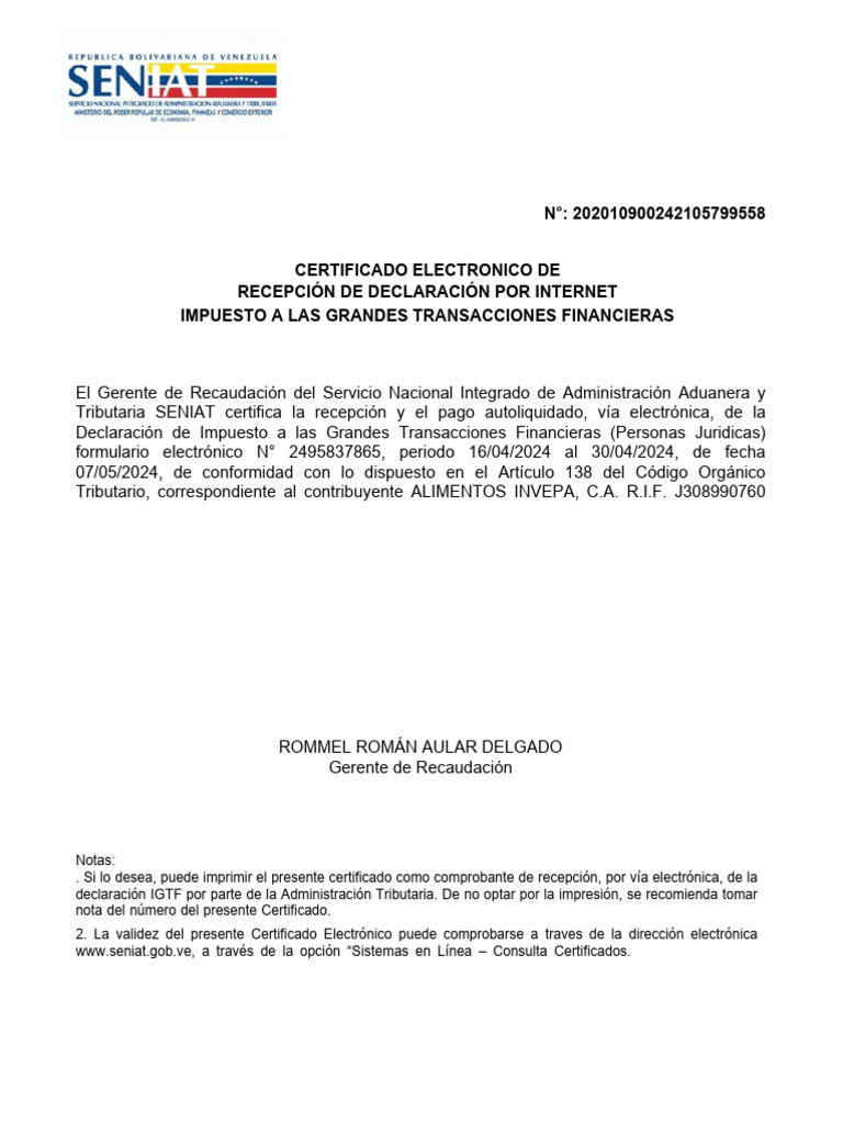 Certificado Igtf 2da Qna 04-2024 | PDF