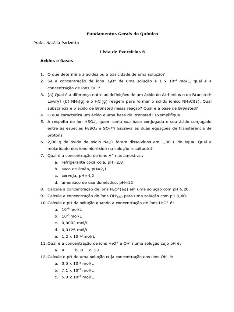 Lista 6 - Ácidos e Bases | PDF | Ácido | Ph