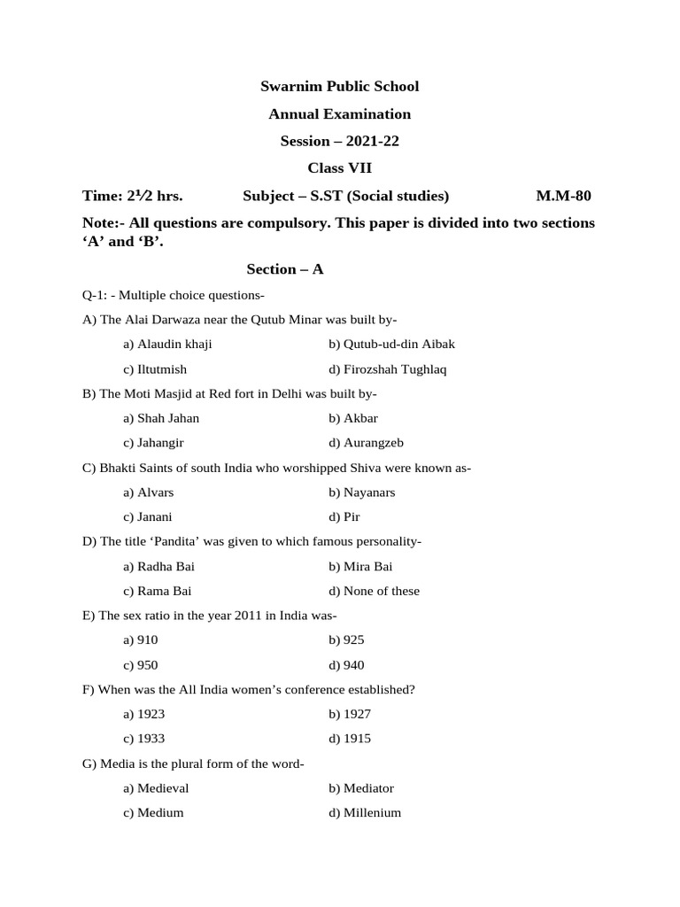 Class VII Social Studies Exam Paper | PDF