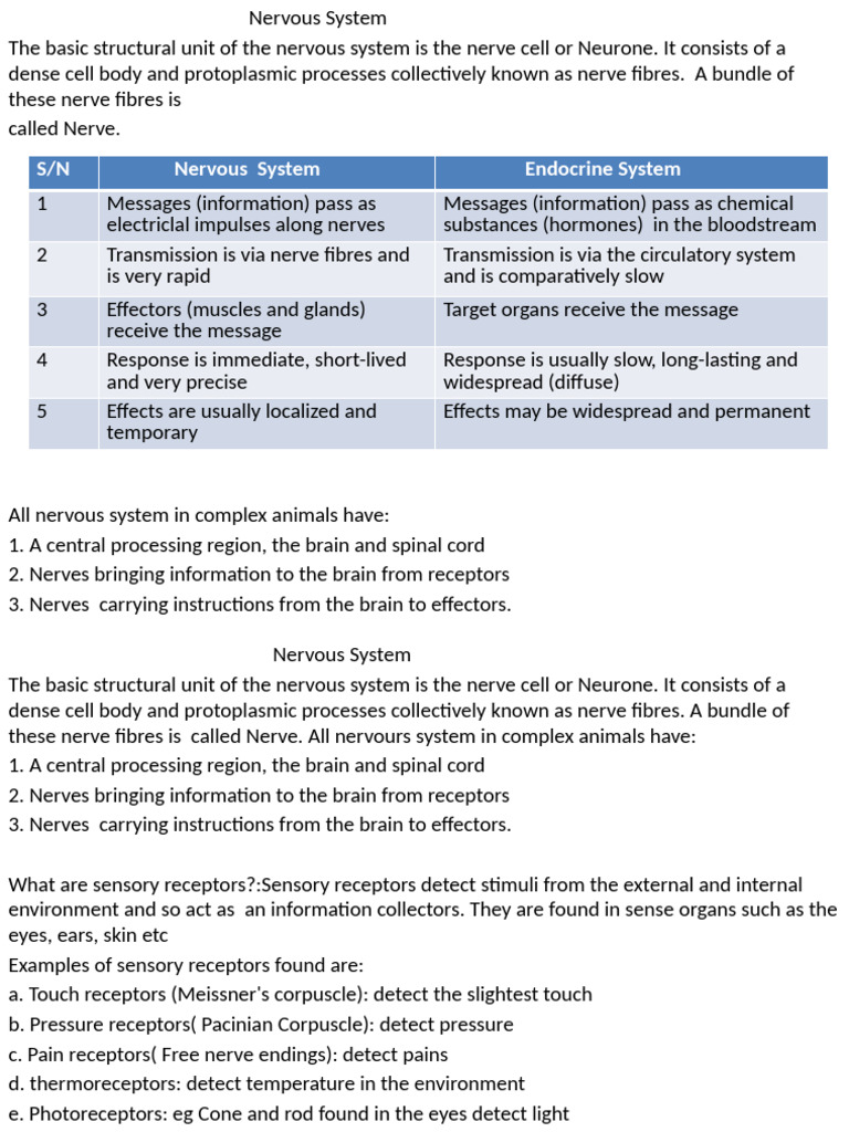 Nervous System SS2 Biology Note. (Autosaved) | PDF | Nervous System | Neuron