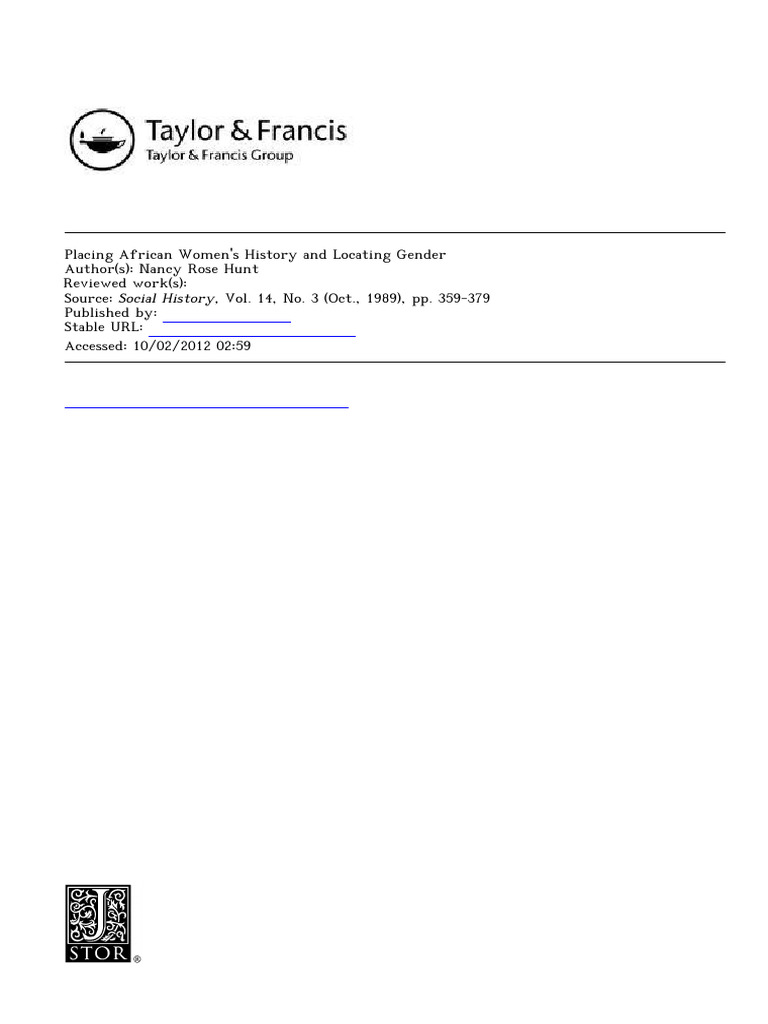 Nancy Rose Hunt Reading | PDF | Feminism | Gender Studies