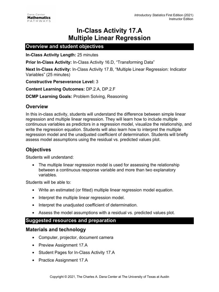 Multiple Linear Regression Activity Guide | PDF | Regression Analysis ...