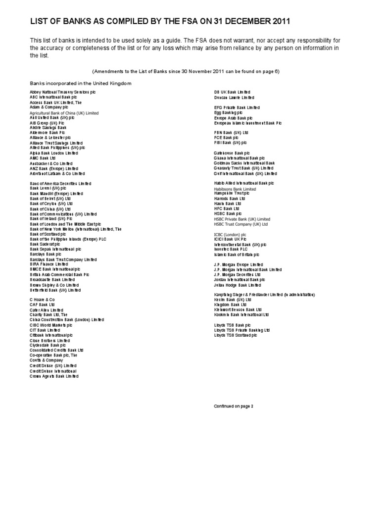 FSA Bank List | PDF | Financial Institutions | Banks