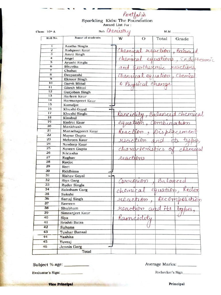 Class 10th A Chemistry Portfolio List | PDF