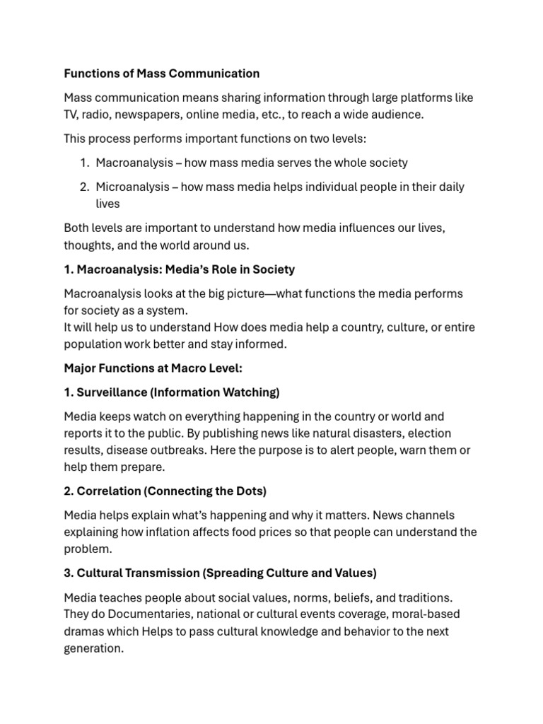 Functions of Mass Communication | PDF | News | Mass Media