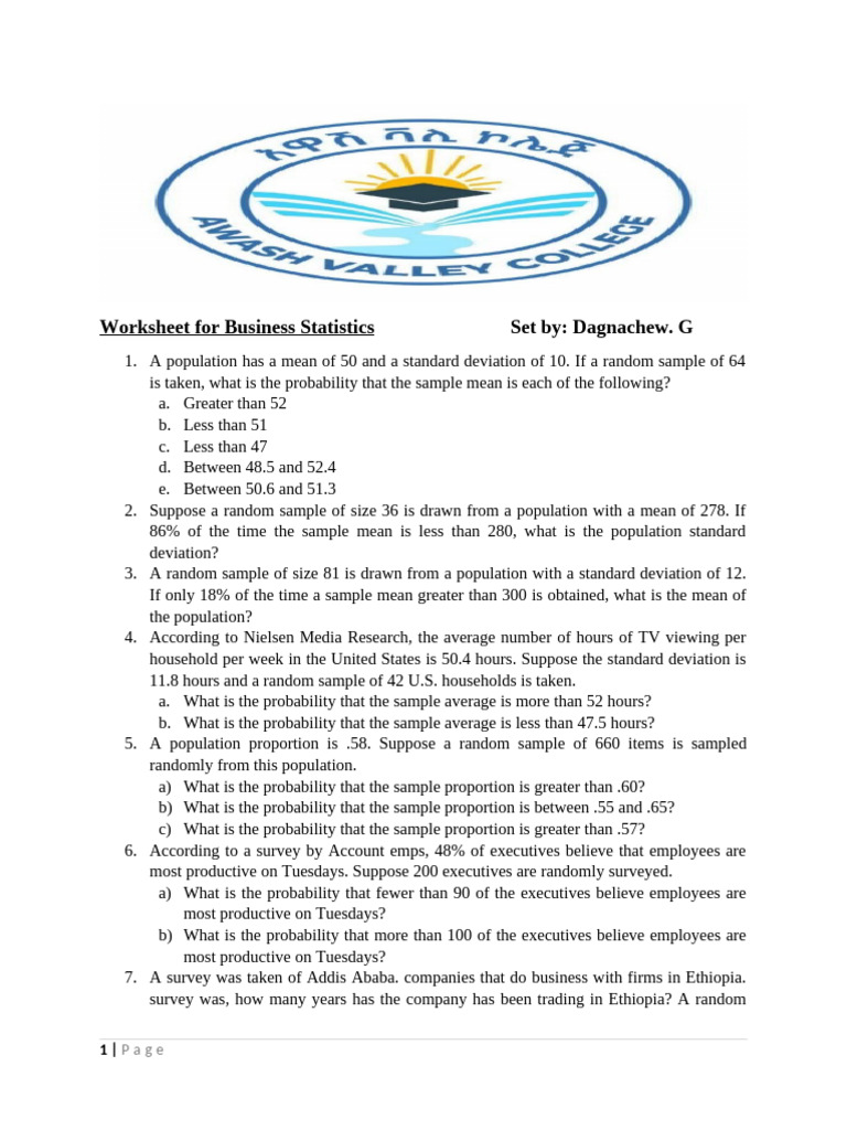 Worksheet of Business Statistics Ch-2 & 3 | PDF | Confidence Interval | Sampling (Statistics)