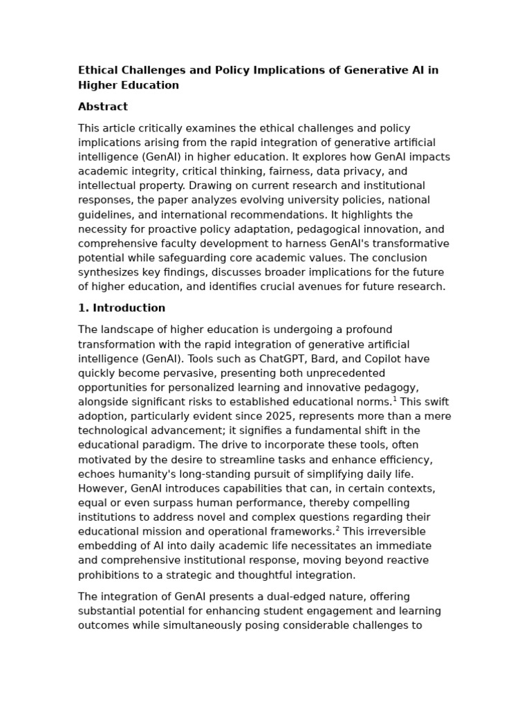 Ethical Challenges and Policy Implications of Generative AI in Higher ...