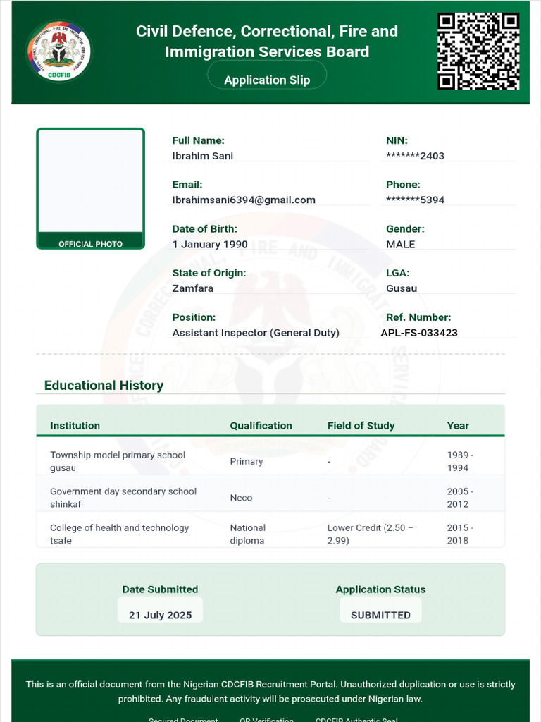 IBRAHIM SANI Application Slip | PDF