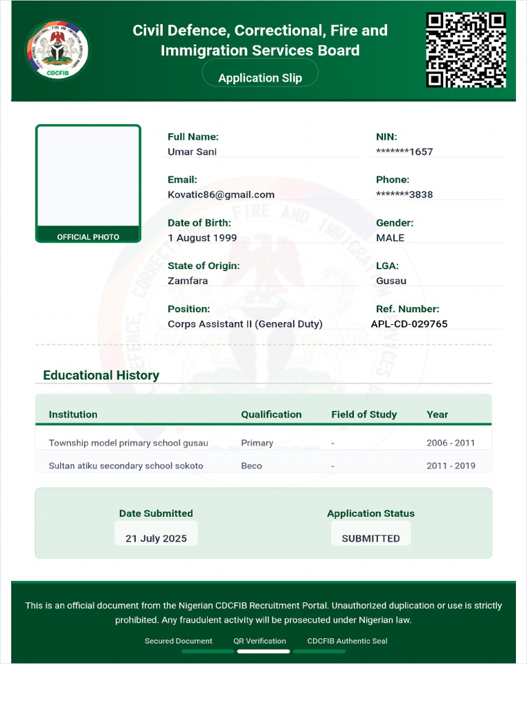 UMAR SANI Application Slip | PDF