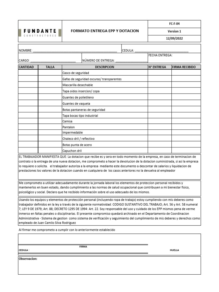 Formato Entrega Epp y Dotacion | PDF