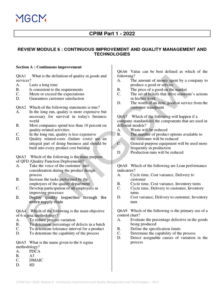 CPIM Part1 2022 - Review Module 6 - V0.0 | PDF | Six Sigma | Production And Manufacturing