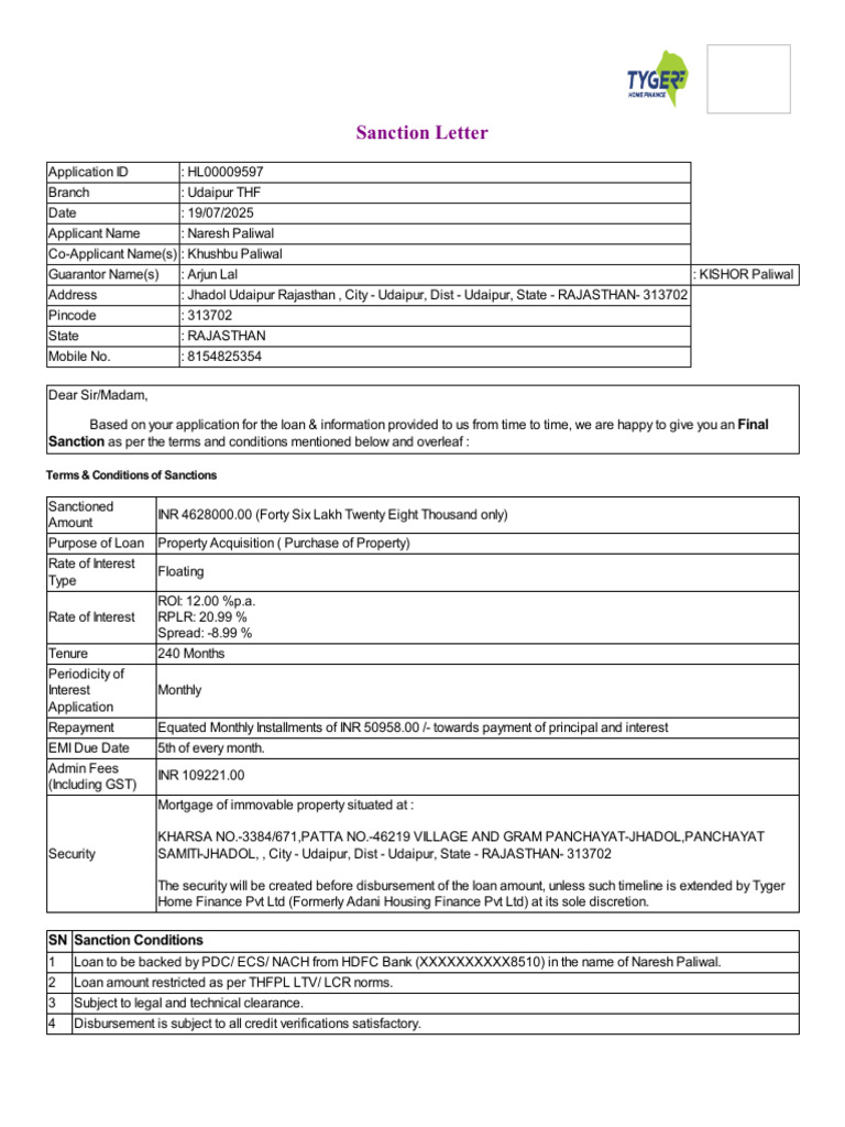 HL00009597 Sanction Letter | PDF | Loans | Interest
