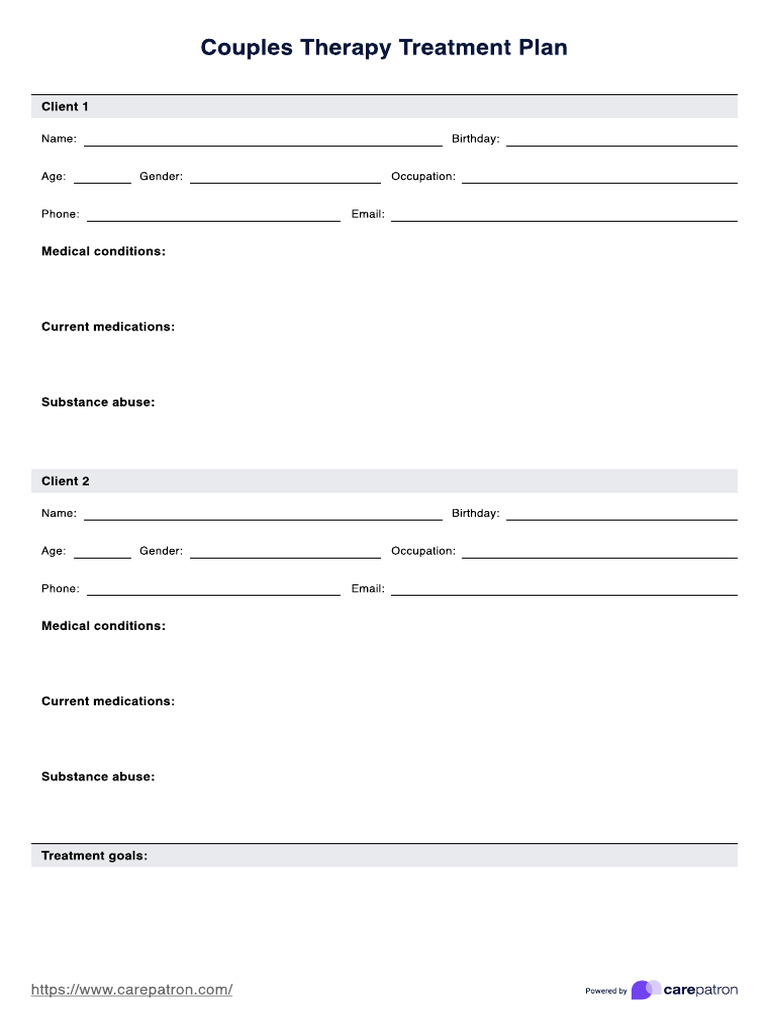 Couples Therapy Treatment Plan Template | PDF