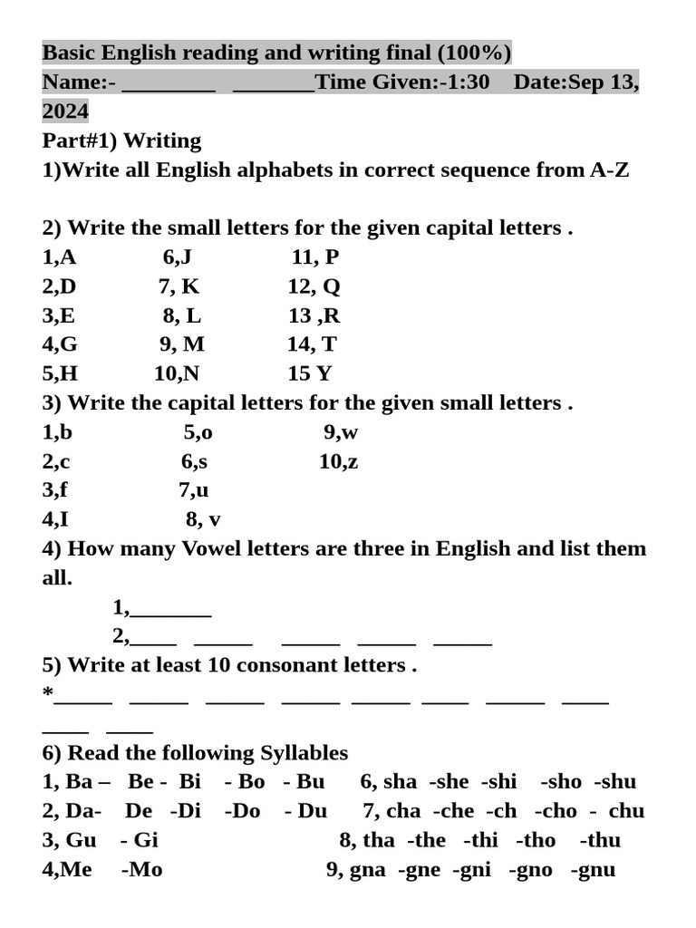 English Reading Skills Assessment 2023 | PDF