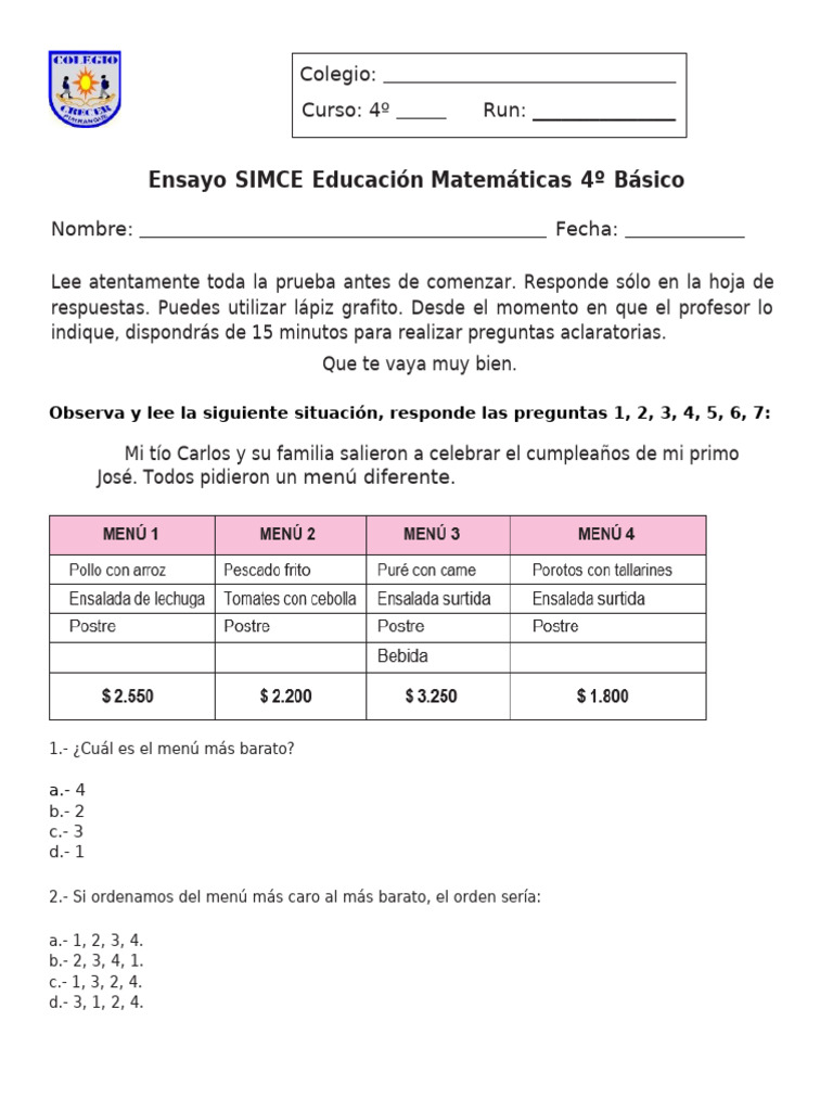 Ensayo SIMCE Educación Matemáticas 4º Básico | PDF