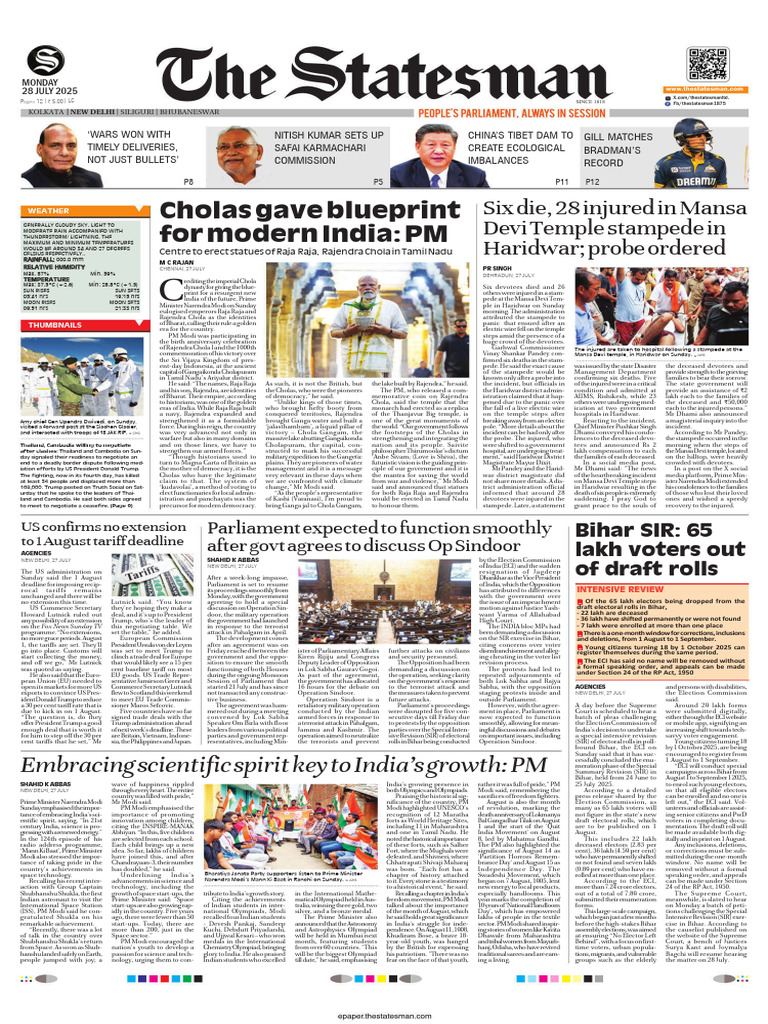 States Man Delhi-TheStatesman 28-07-2025 | PDF | Narendra Modi