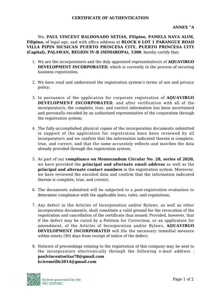 Certificate of Incorporation for AQUAVIRGO | PDF