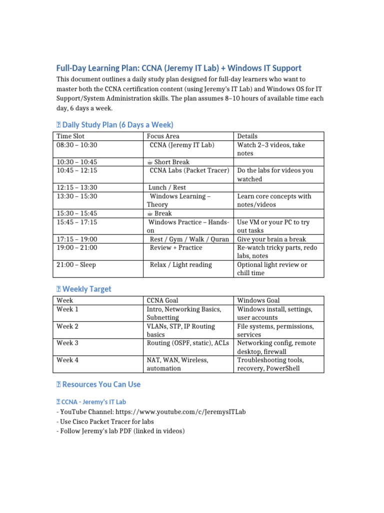 CCNA Windows Learning Plan | PDF | Cisco Certifications | Microsoft Windows