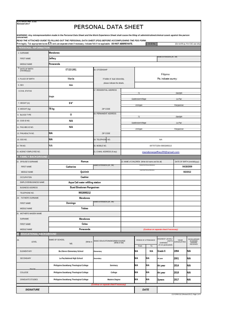 Personal Data Sheet Overview | PDF | Government