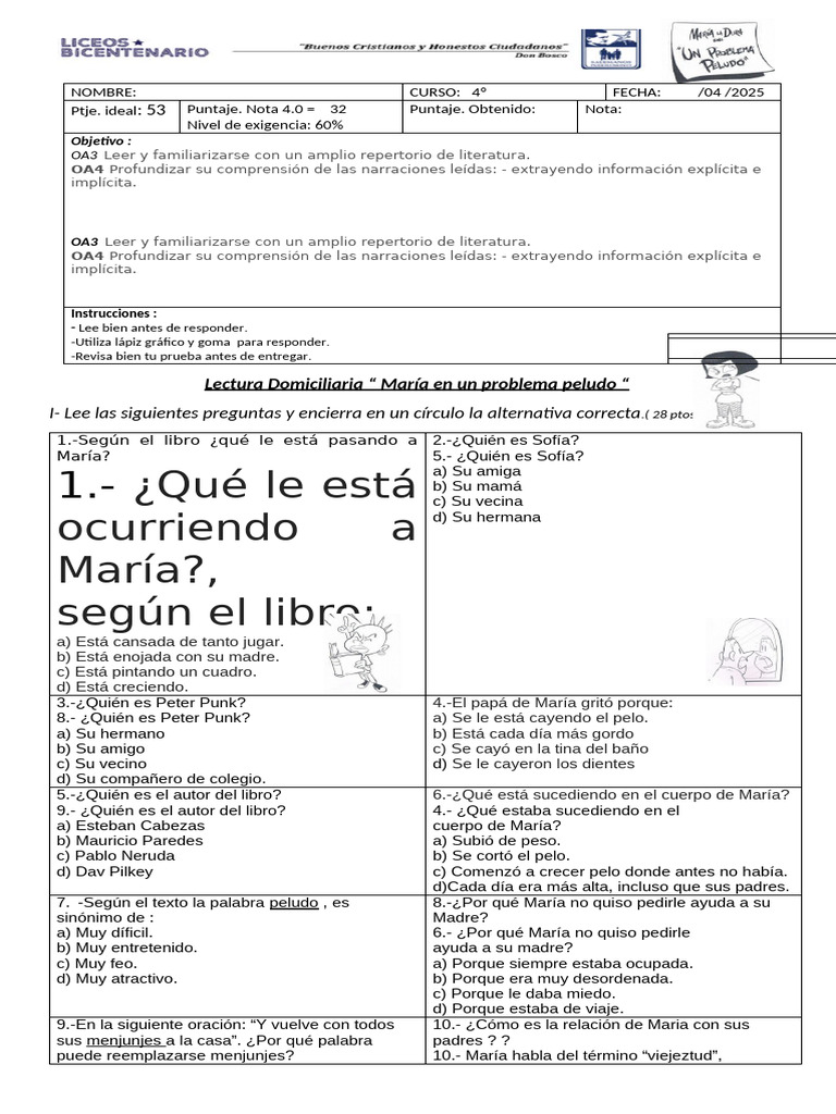 Preguntas sobre "María en un problema peludo" | PDF