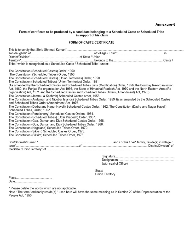 SC-ST Certificate Annexure-6 | PDF | South Asia | Demographics Of India