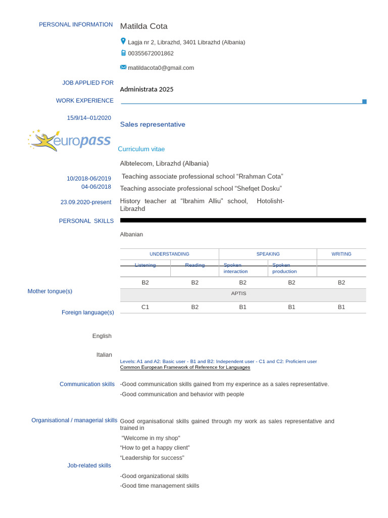 CV-Europass Format Matilda Çota' With You | PDF | Human Communication ...