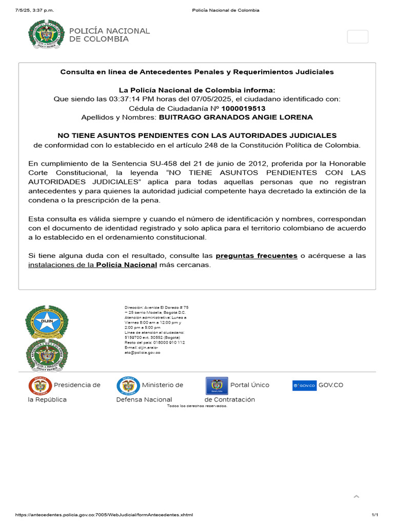 Policía Nacional de Colombia LORENA | PDF | Colombia | Justicia