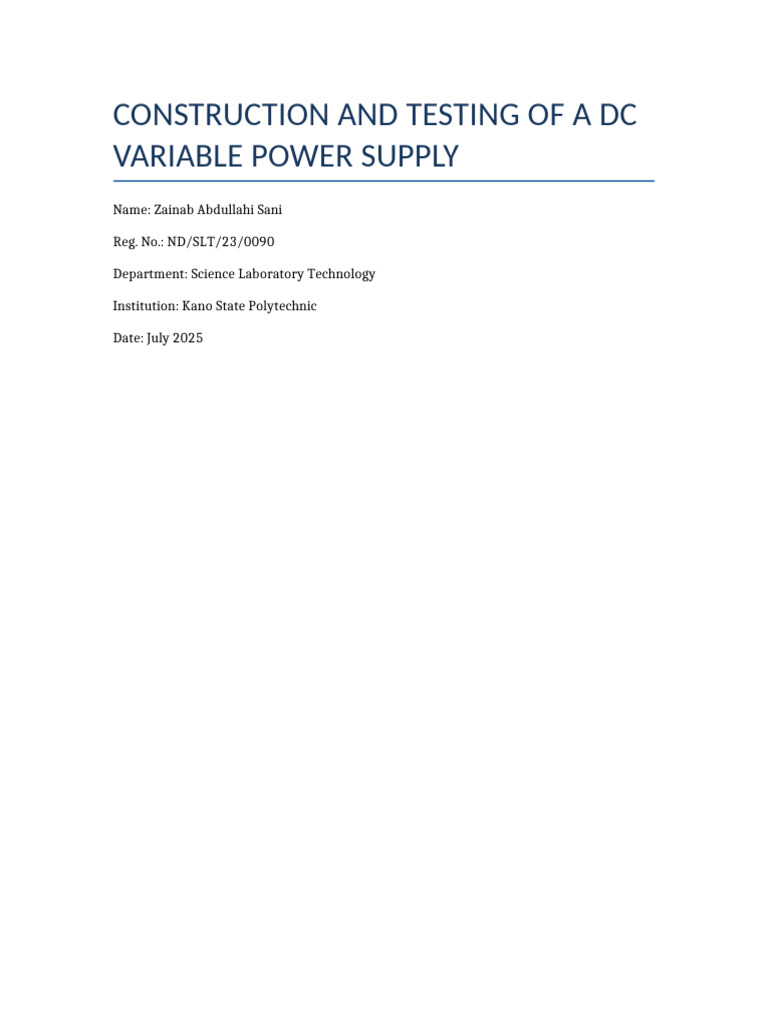 DC Variable Power Supply Project Zainab Sani | PDF