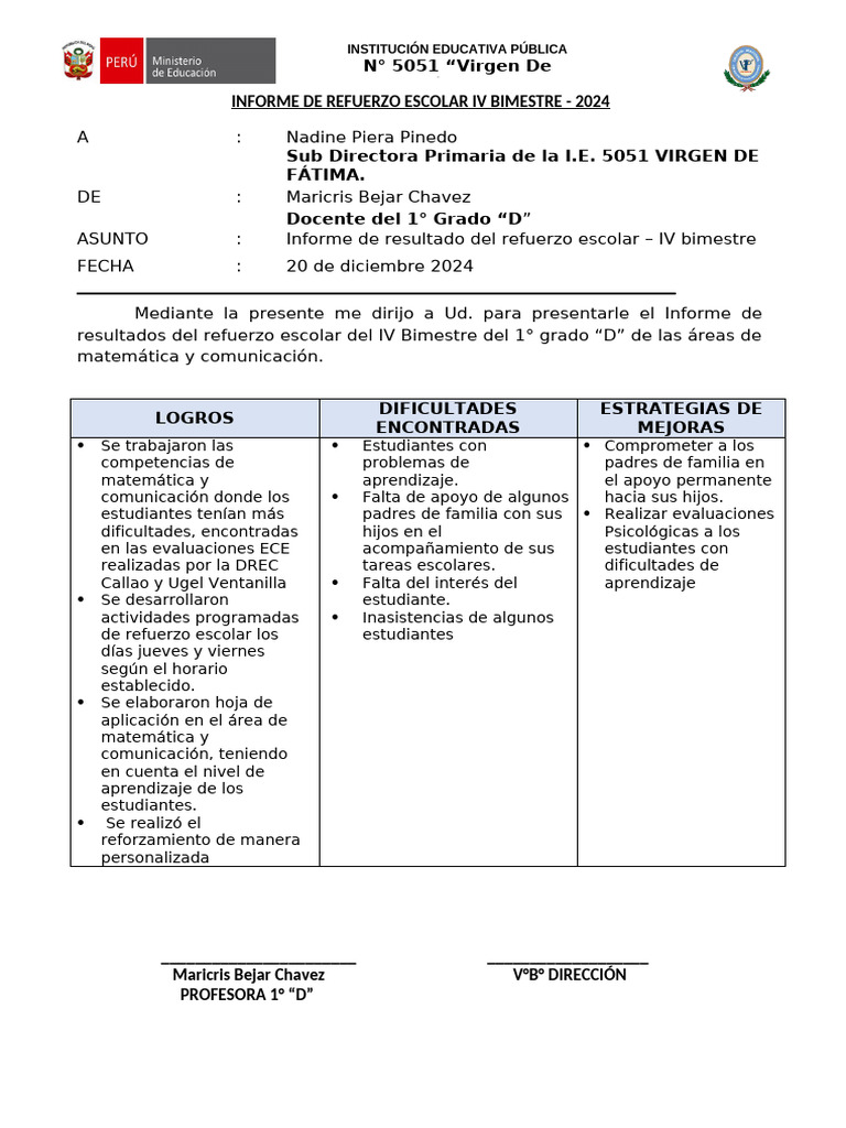 Informe de Refuerzo Escolar | PDF