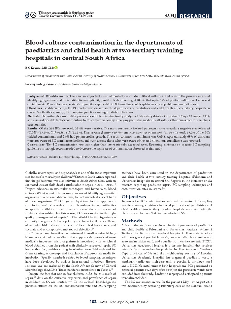 Blood Culture Contamination in SA Pediatrics | PDF | Sepsis | Microbiology