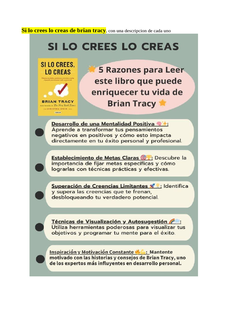 Si Lo Crees Lo Creas de Brian Tracy | PDF | Pensamiento | Autoestima