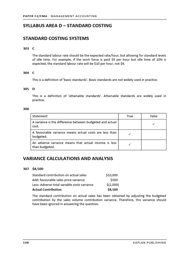 Standard Costing and Variance Analysis (KAPLAN KIT ANSWERS) | PDF | Business | Economies