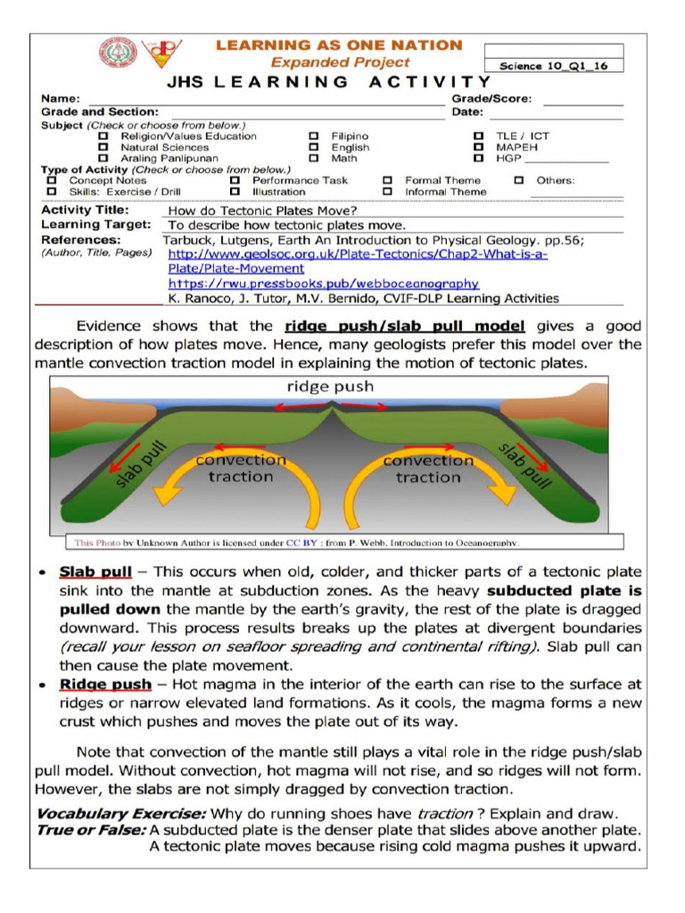 Science 10 LAS 16 How Do Tectonic Plates Move | PDF