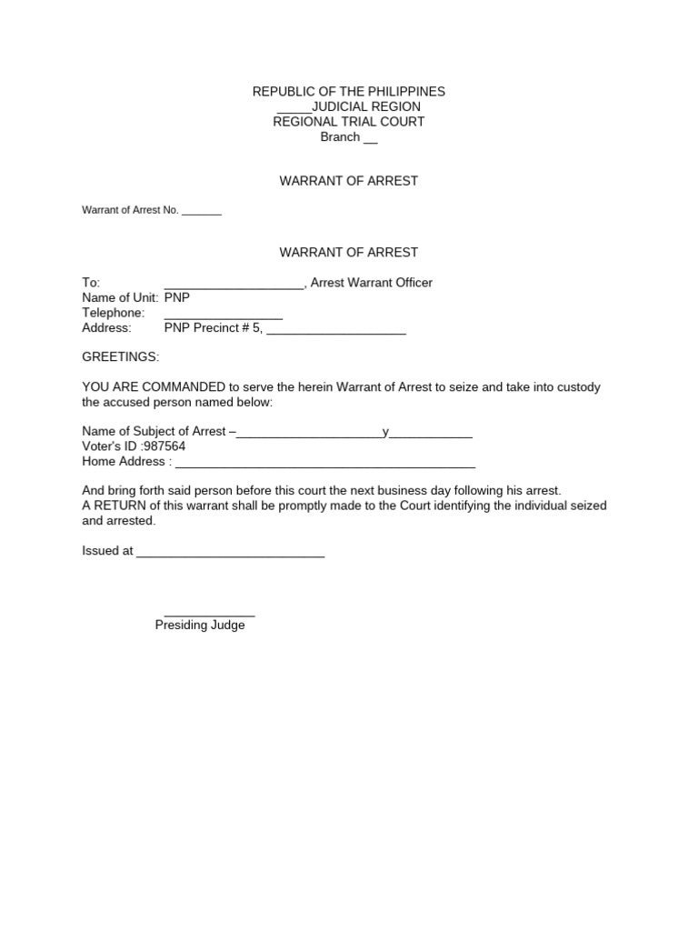 Warrant of Arrest Template Philippines | PDF