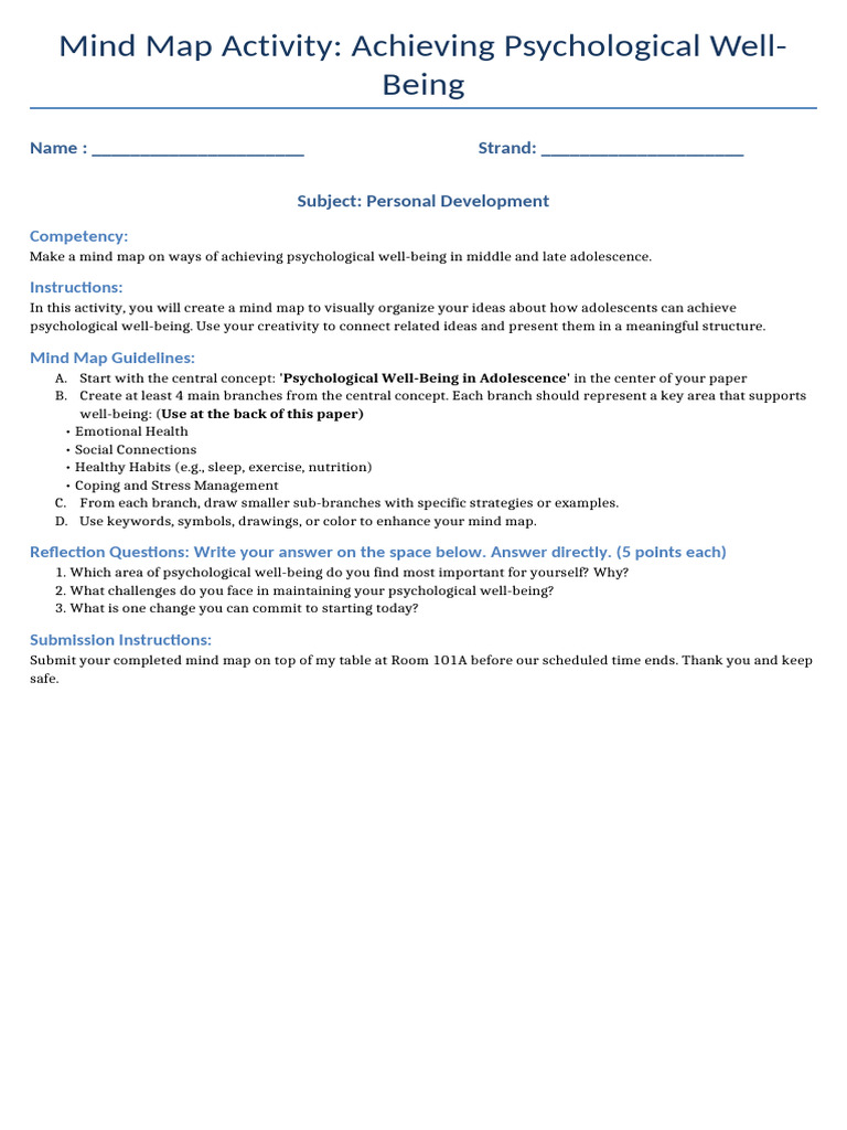 Mind Map for Adolescent Well-Being | PDF