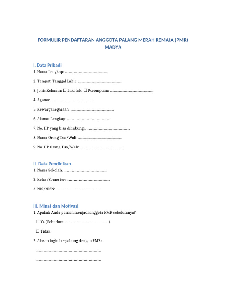 Formulir Pendaftaran Anggota PMR Madya | PDF