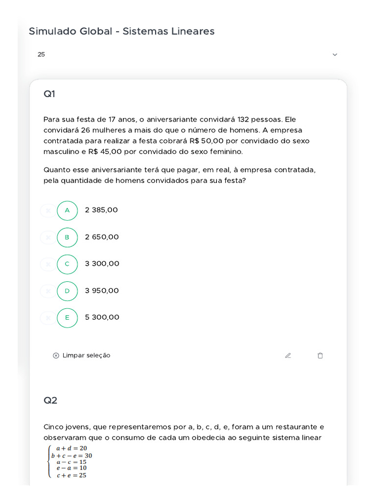 Simulado Global - Sistemas Lineares (MAT | PDF