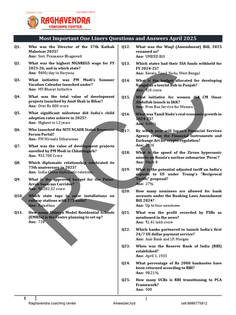 Most Important One Liners Questions and Answers April 2025 | PDF