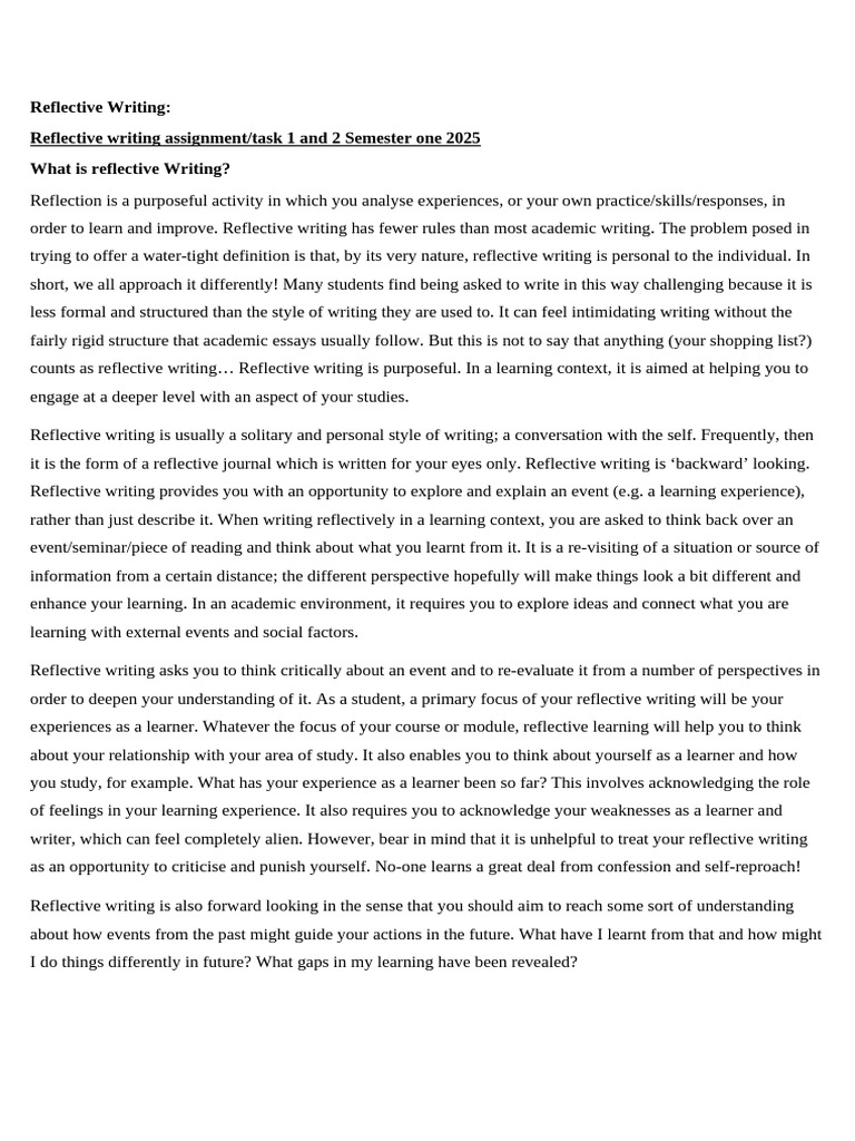 Reflective Writing Task 1 and 2 Semester 1 2025 - 16 May | PDF ...
