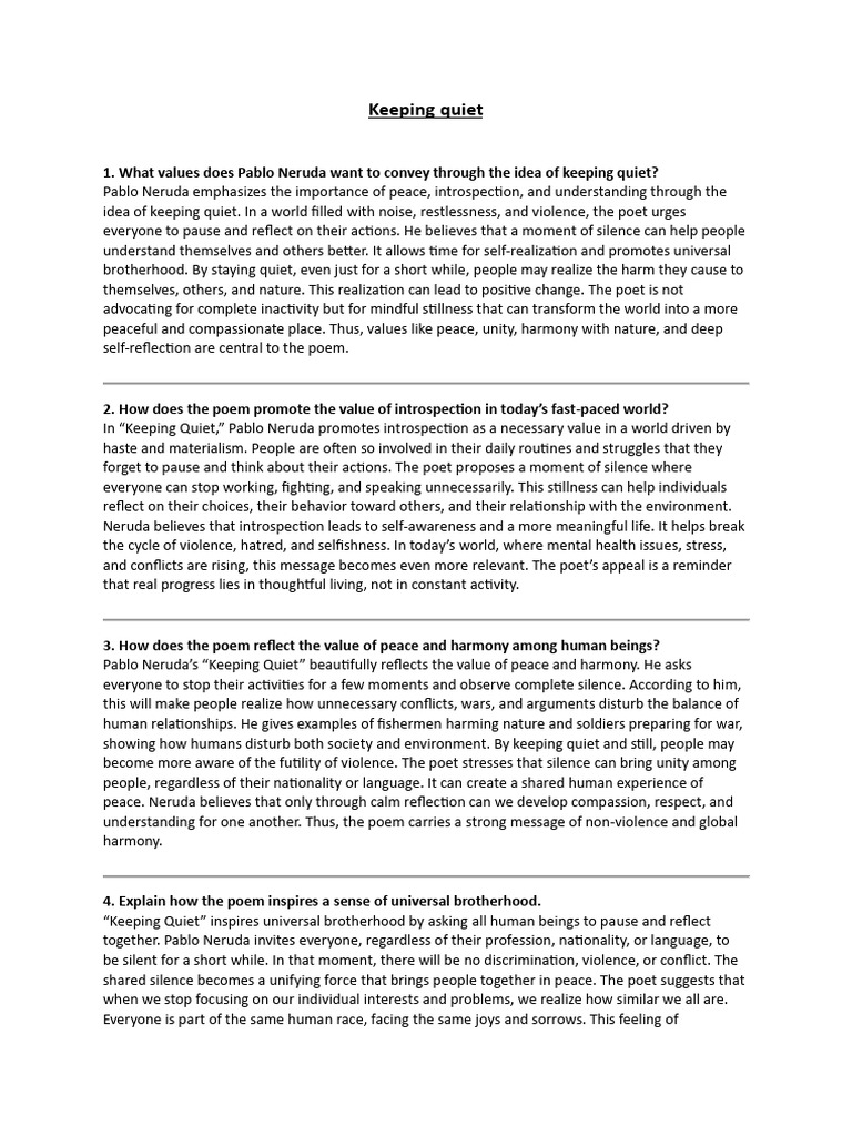 Keeping Quiet Question Answers | PDF | Silence | Peace