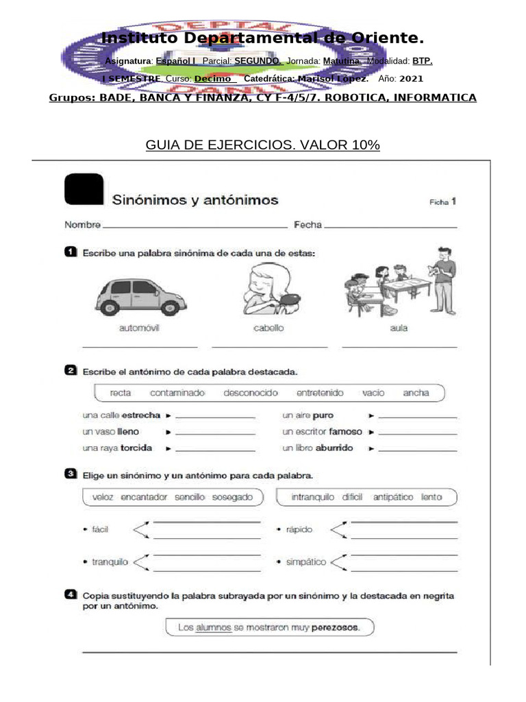Guia de Ejercicios Sinonimos, Antonimos, Homófonas, Homógrafas. Ido I ...
